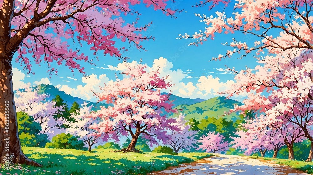 Beautiful fantasy spring natural landscape and cherry blossom tree ...