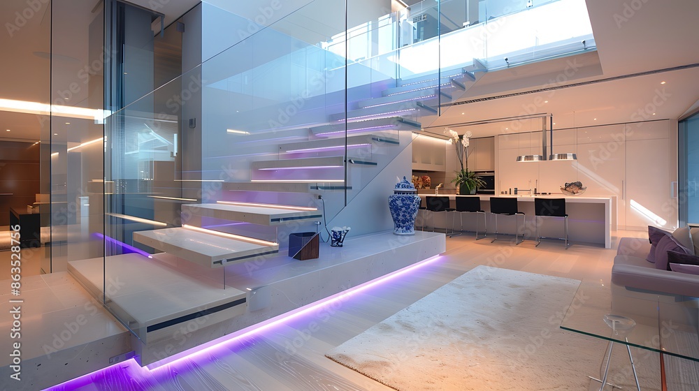 Stylish glass U-shaped floating staircase with purple LED strip ...