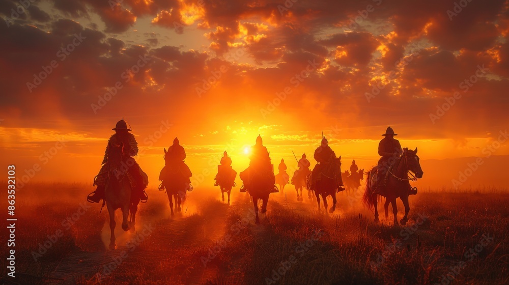 Riding atop sturdy Mongolian horses, a band of warriors clad in ...