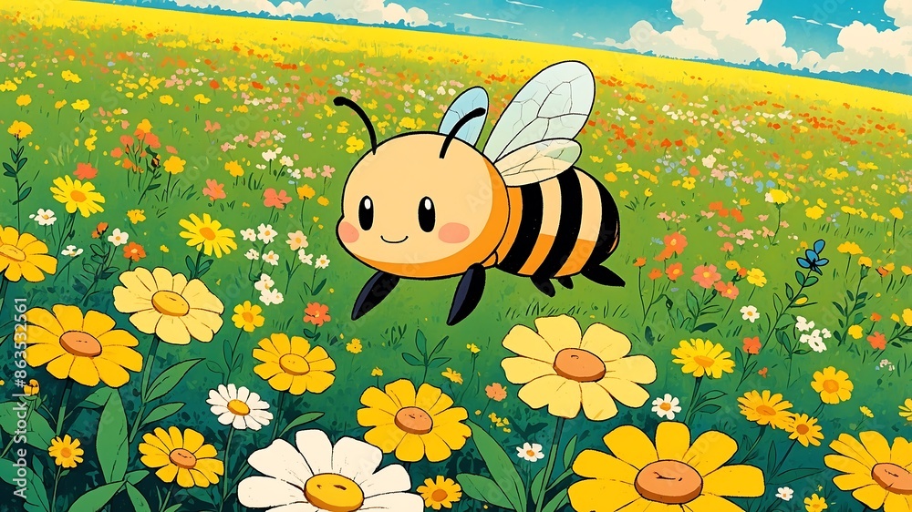 Cute cartoon bee in colorful yellow flower field. World Bee Day or ...