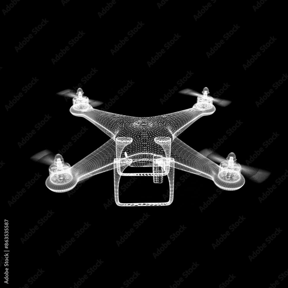 A close-up animation of a drone wireframe in 3D software. The drone ...
