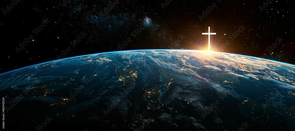 Jesus Cross at space planet horizon. Religion faith worship ...