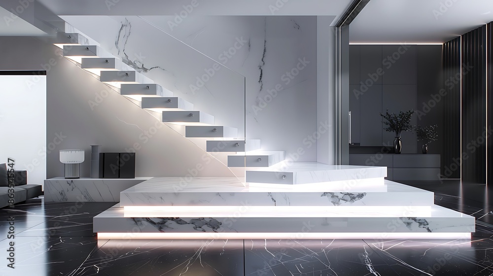 White marble L-shape floating neon stairs with RGB LED stripe light ...