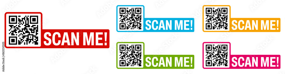 Set Inscription QR code icon. Scan me labels sticker template design ...
