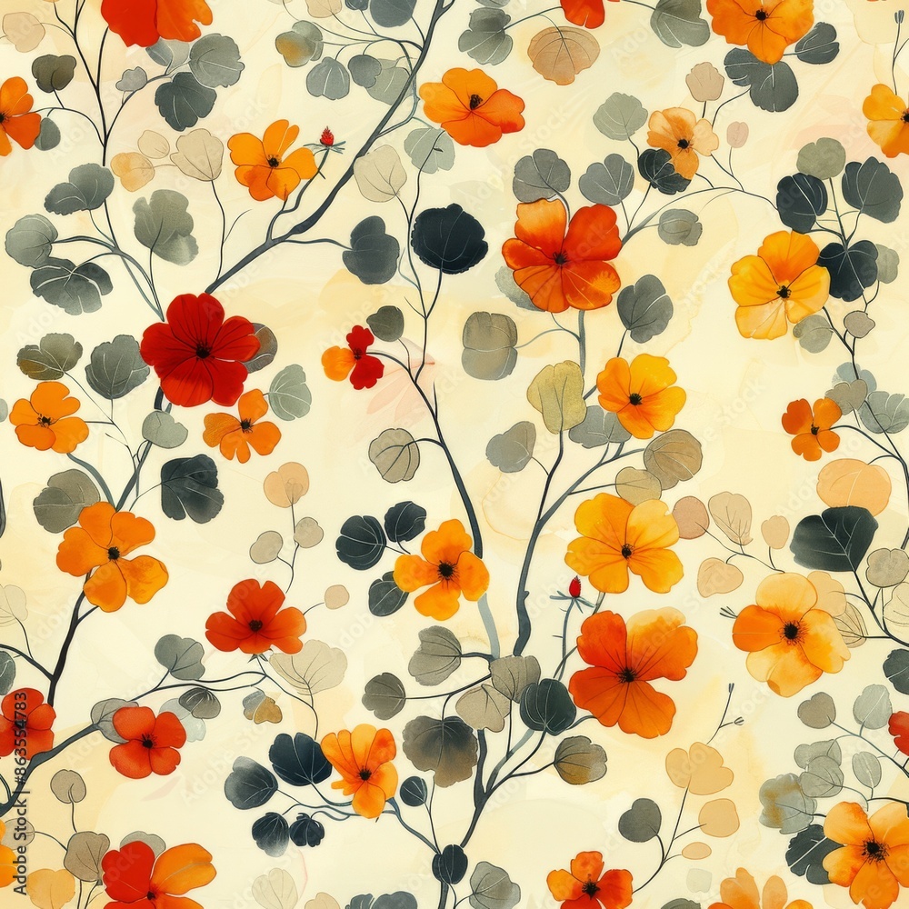 watercolor Nasturtiums in fiery oranges and reds, sprawling vine ...