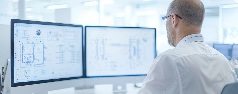 Engineer working on technical drawings on dual monitors in a modern ...