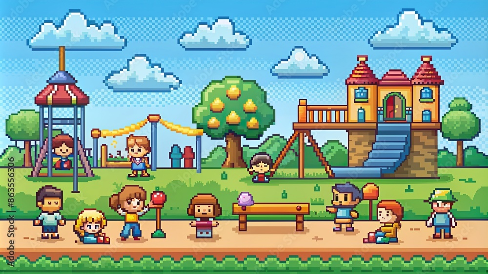 Pixel art playground with retro-inspired characters and environments , pixel art, playground ...