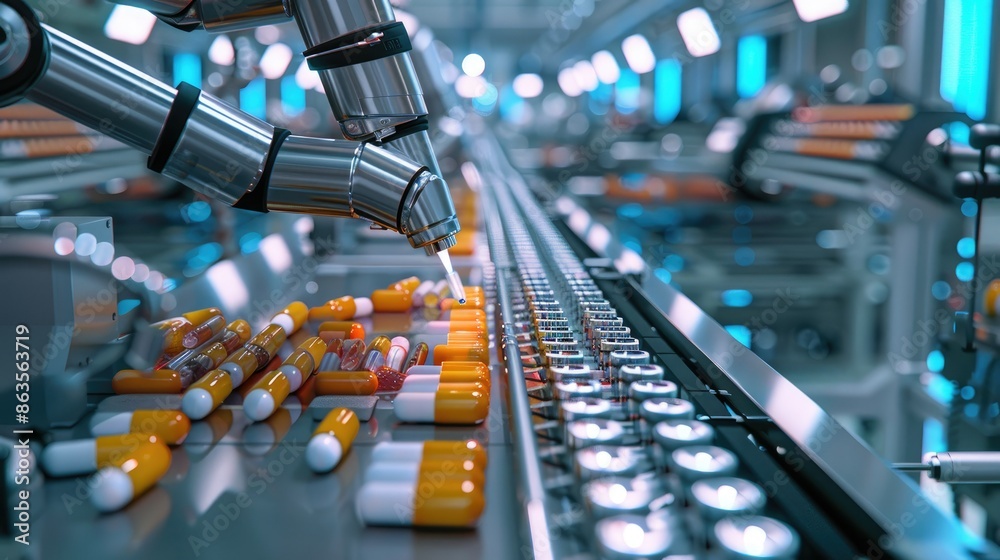 Robotic arm in pharmaceutical manufacturing. Automated technology for ...