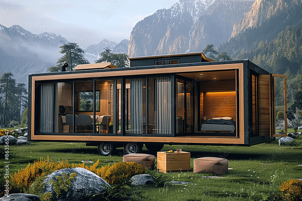 Modern modular wooden tiny home on wheels with large windows flat roof ...