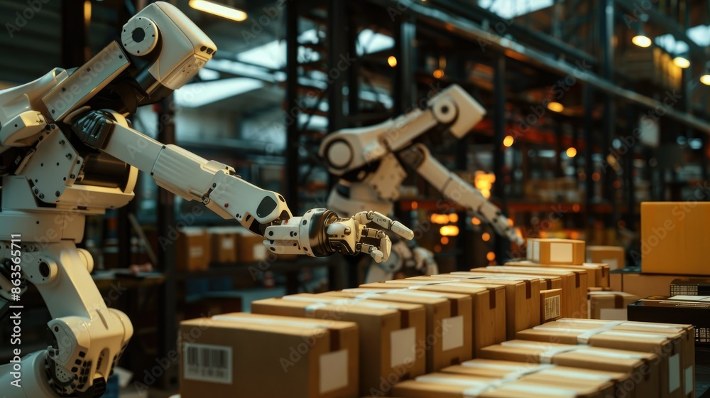 Robots working in a modern factory, sorting and packaging boxes for ...