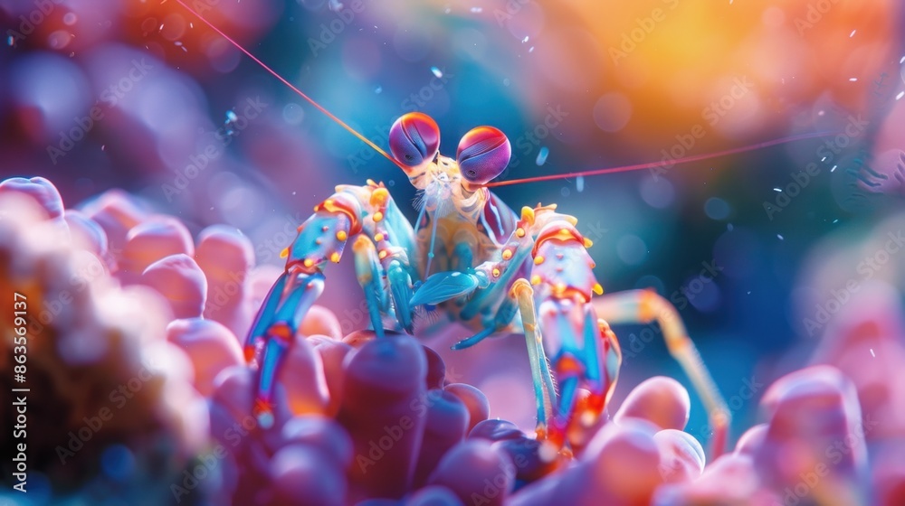 Amidst the tropical marine life, a mantis shrimp displays its brilliant ...
