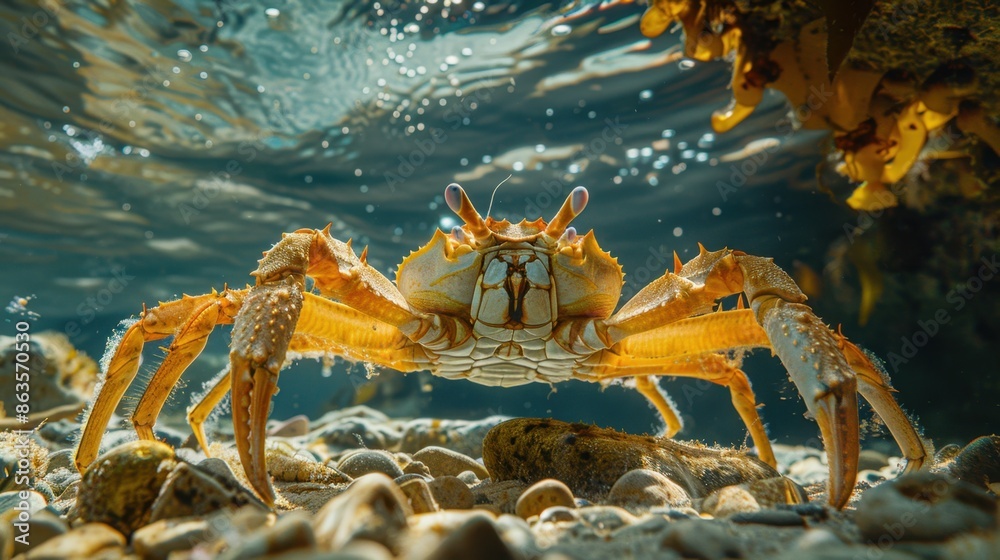 Amidst the rocky seabed, a Japanese Spider Crab stretches its spindly ...