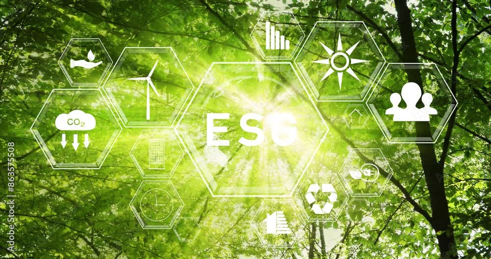 Magical sun rays through green tree leaves with esg icons animation ...