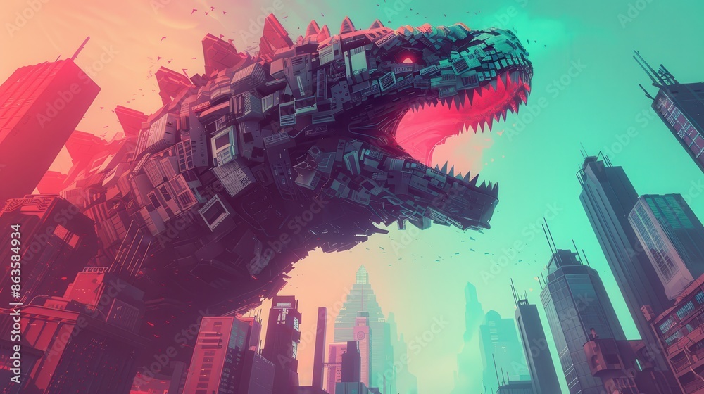 Enormous cyborg Kaiju made of discarded electronics, attacking a ...