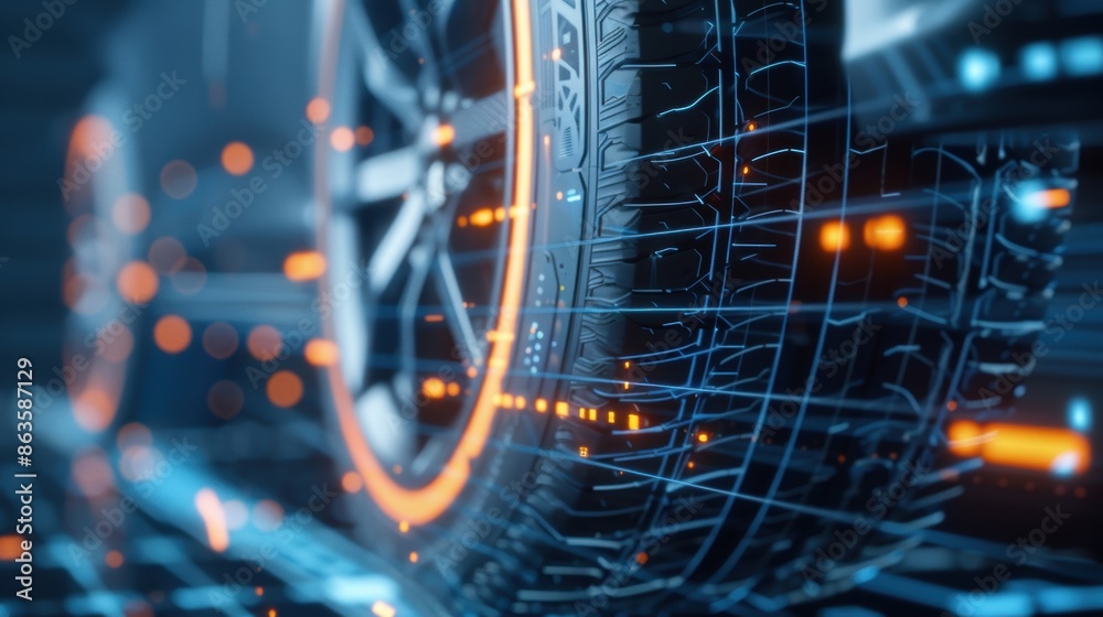 AI analyzing tire wear patterns, side view, digital interface, split ...
