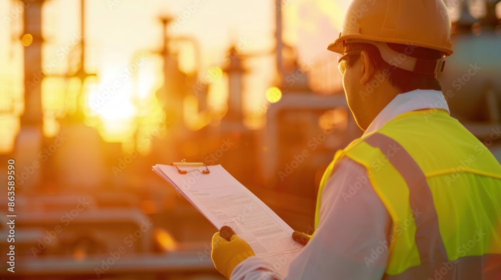 Safety officer conducting inspection, worker with checklist, sunrise ...