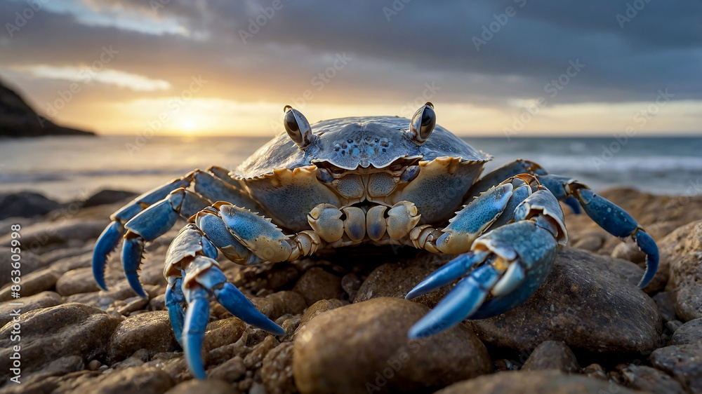 blue swimming crab standing sentinel on a rocky coastal shore. Its body ...