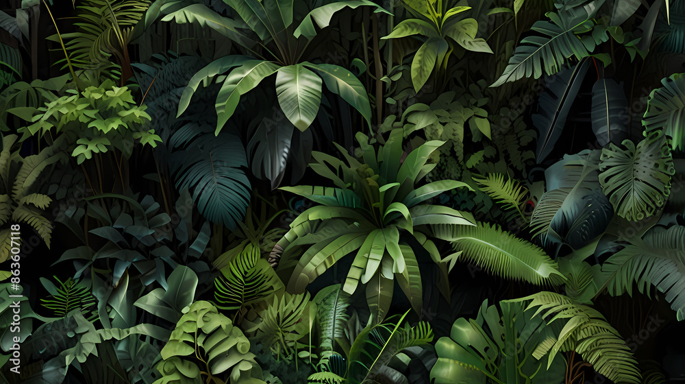 Top-down perspective of a tropical jungle, with various shades of green ...