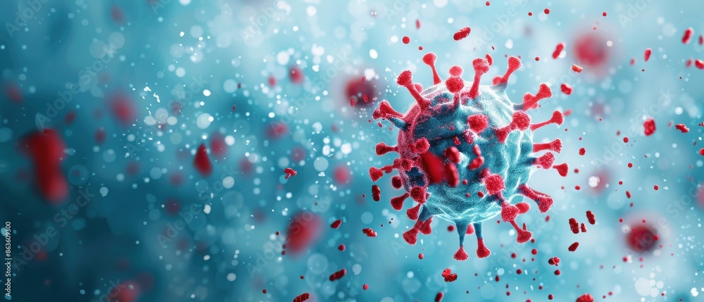 Microscopic View Of A Virus Particle With Red Protrusions In A Blue Background Illustrating The