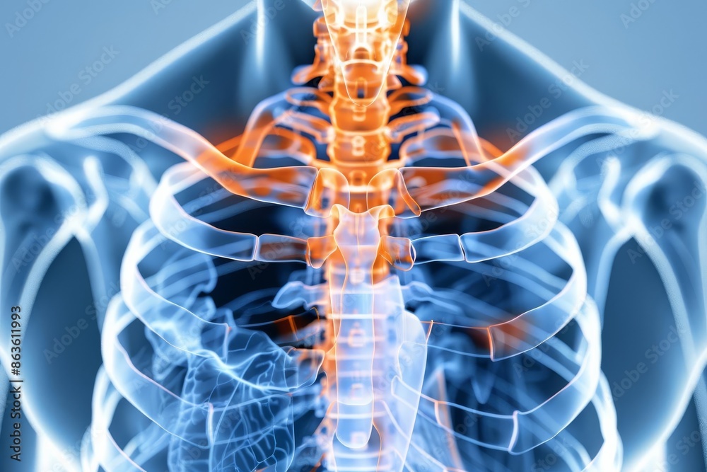 Detailed Xray scan of the thoracic cavity, showcasing the bones of the ...