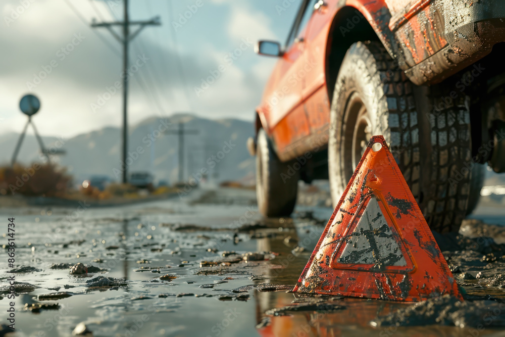 Foto de Red emergency stop sign for car crash accident, red triangle ...