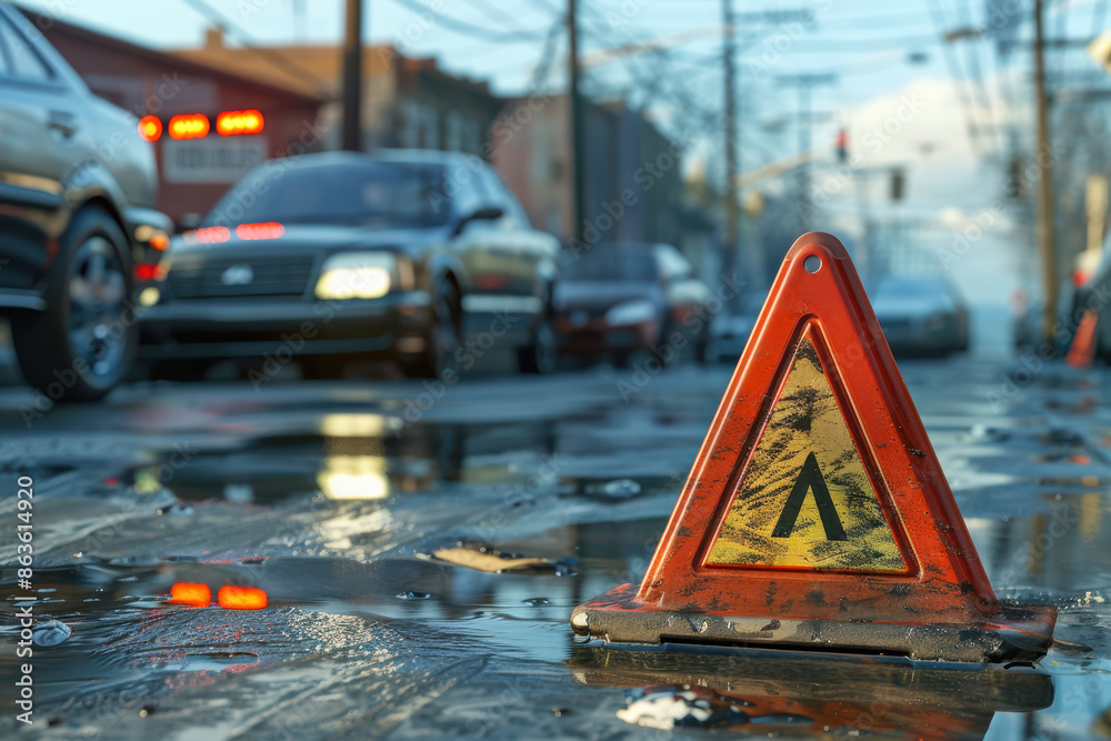 Red emergency stop sign for car crash accident, red triangle warning ...