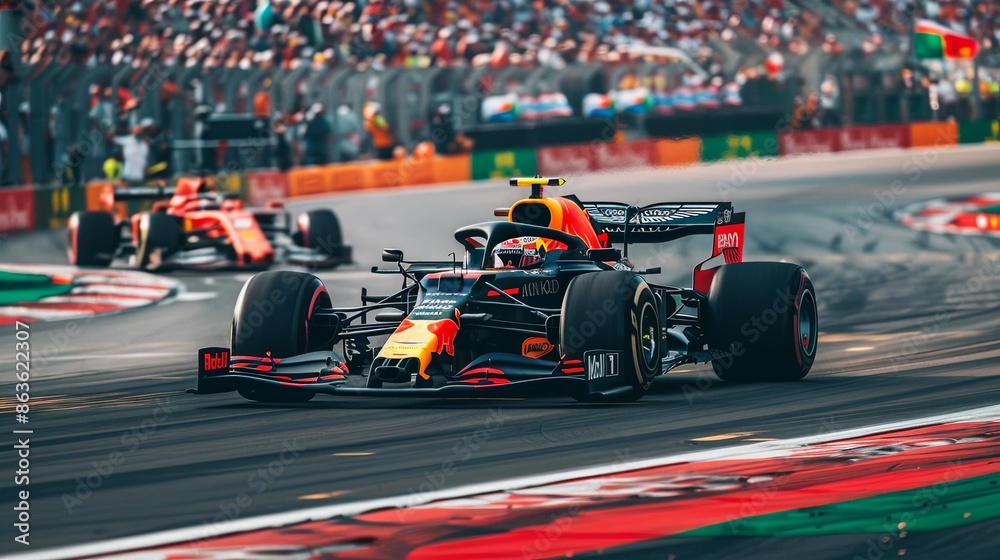 Against the backdrop of a bustling racetrack, a Formula 1 racer leans ...