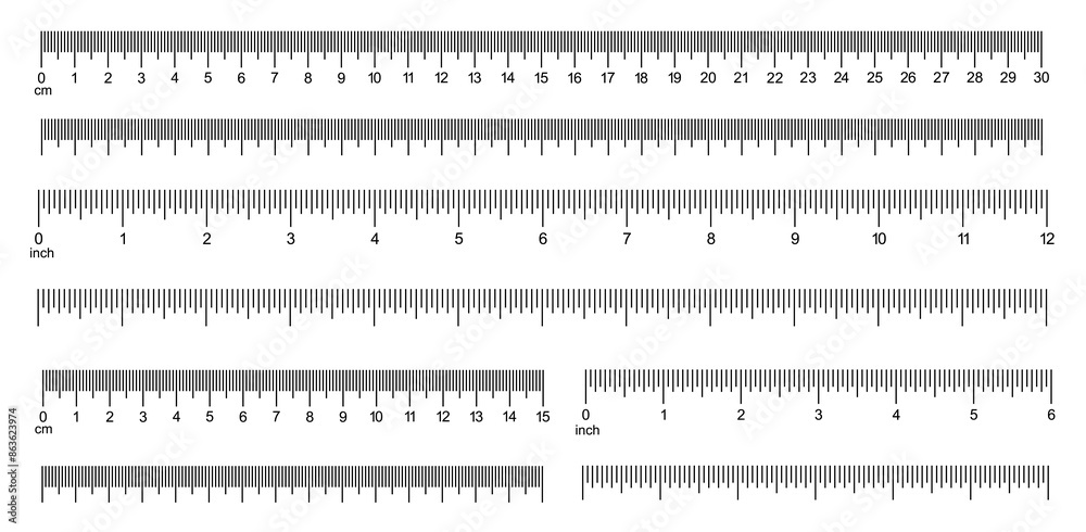 Measuring charts with 30 centimeters, 12 inches. Horizontal scale with ...