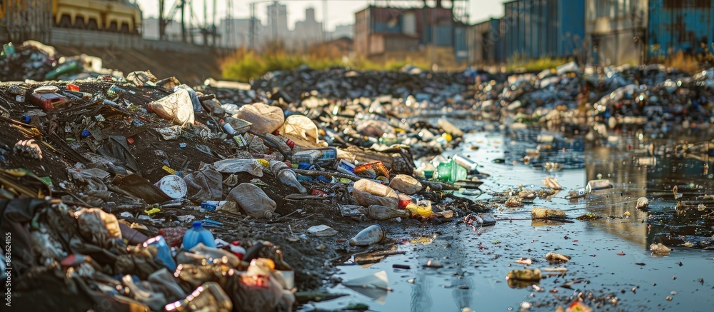Heavily polluted urban river with piles of garbage and plastic waste in ...