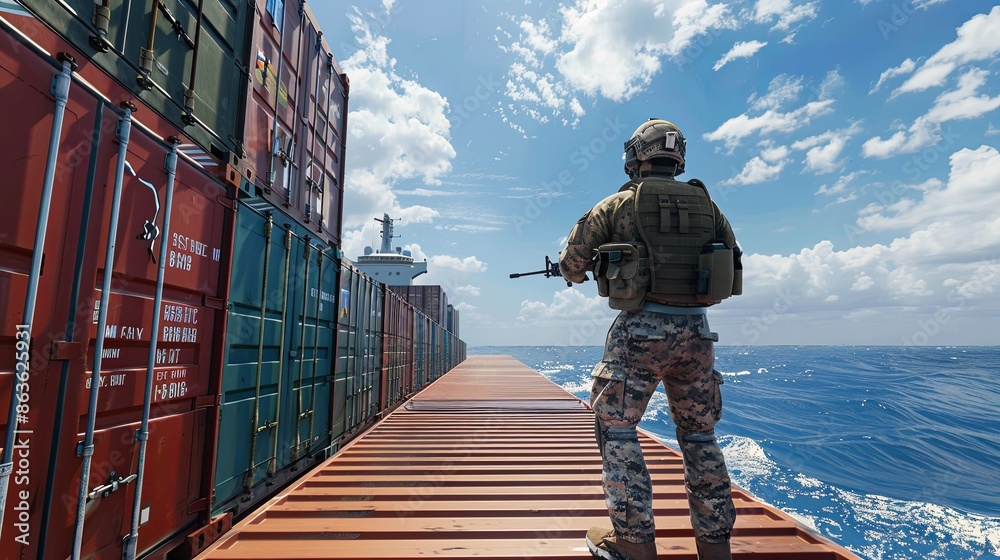 Experience the soldier's dedication on a modern container ship at sea ...