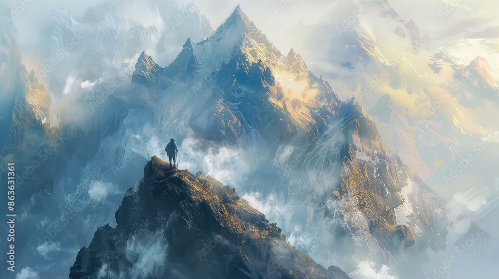 A solo traveler hiking up a rugged mountain trail, surrounded by mist ...