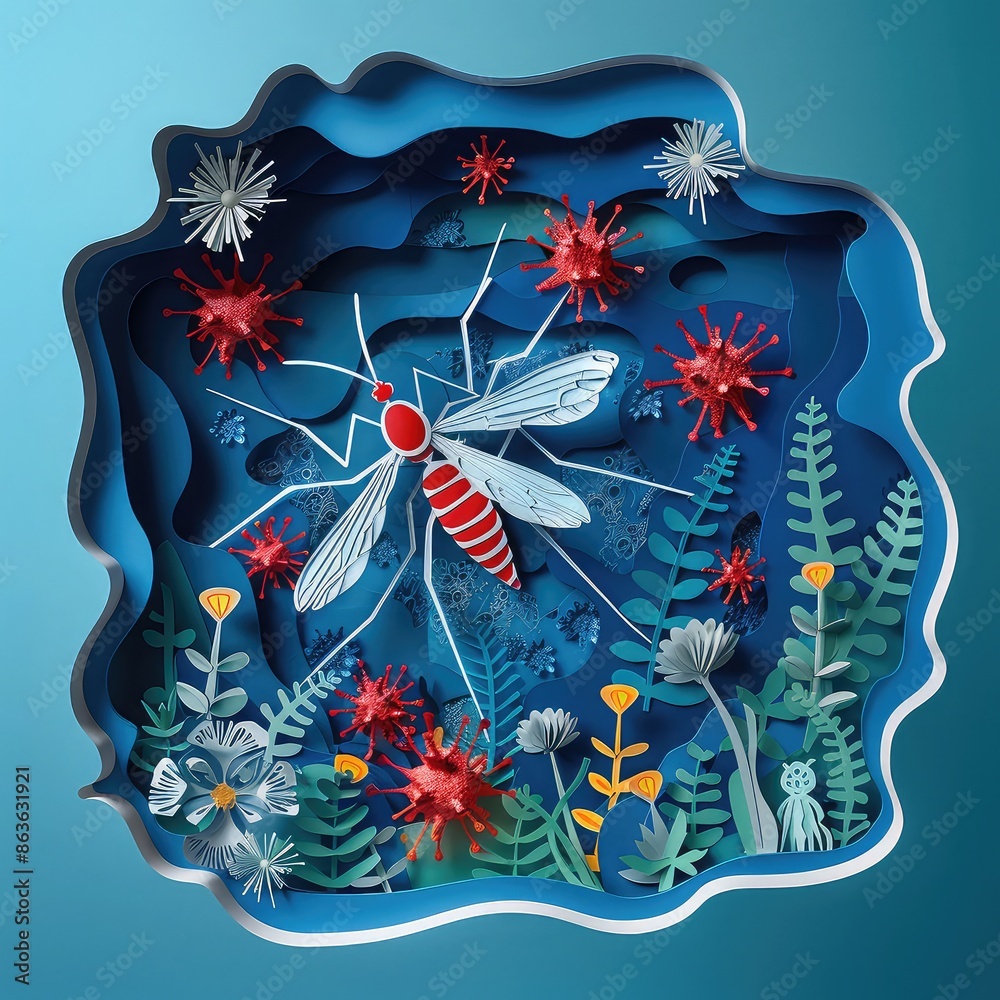 Educational paper cut style poster showing the transmission of dengue ...