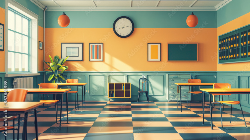 Sunlit, modern classroom featuring vibrant colors, arranged desks, and ...