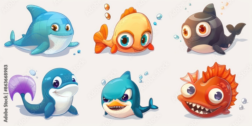 Colorful illustration of smiling cartoon sea creatures, including ...
