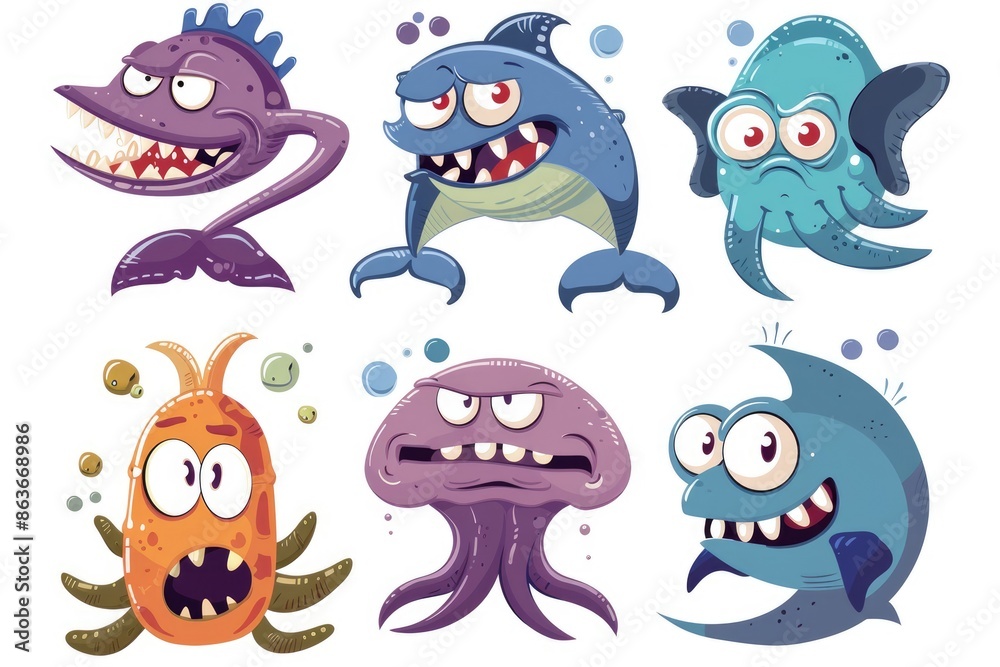 Colorful illustration of smiling cartoon sea creatures, including ...