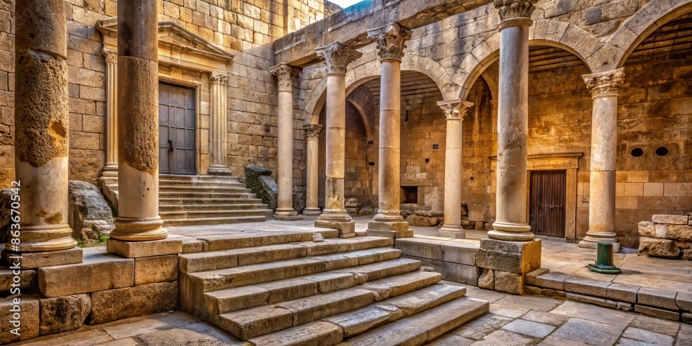 Ancient Roman courtyard with stone columns, stairs, and judgement seat ...