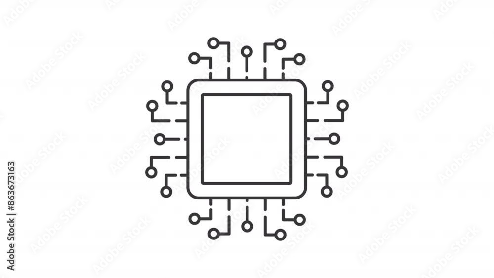 Microchip line animation. Electronic component animated icon. Moving signals, scaling circles ...