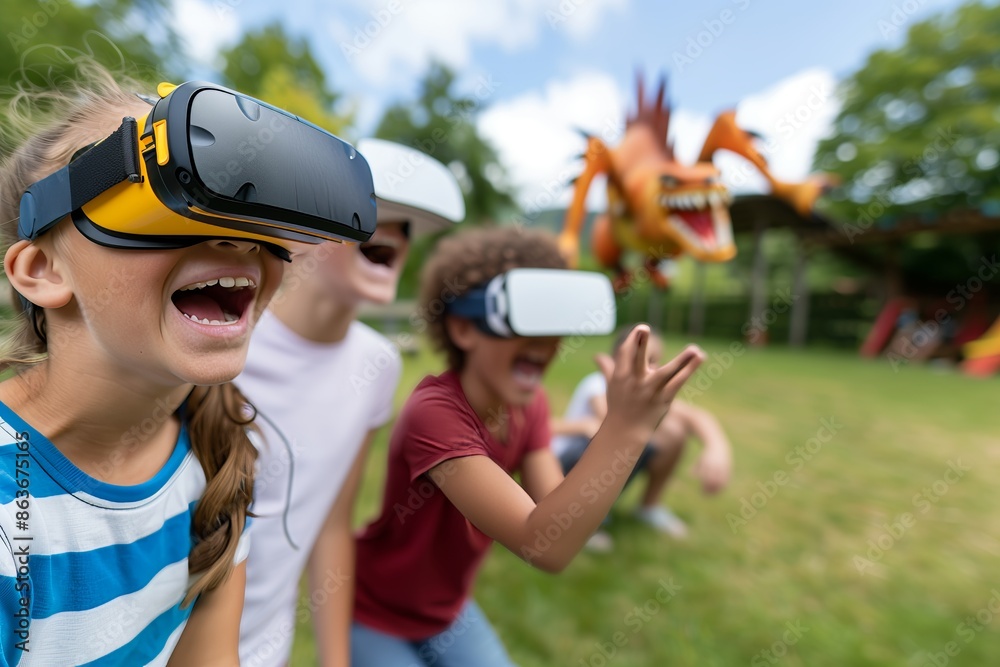 Diverse kids playing games with virtual reality headset at outdoor, VR ...
