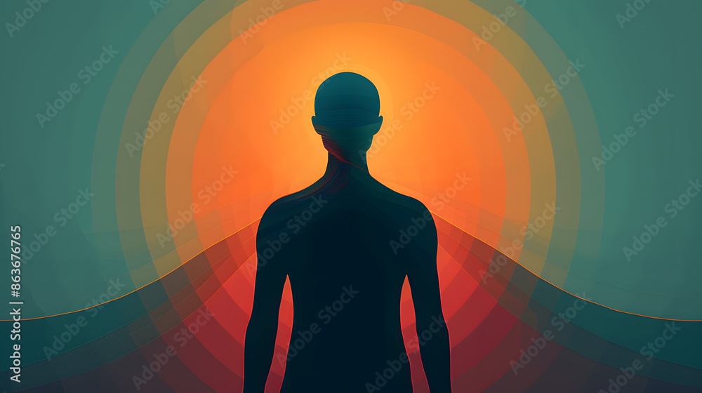 A human body silhouette standing in front of an orange sun, with ...