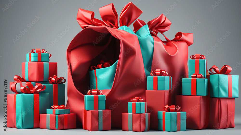 Open red sack with large coloured gift boxes inside the open top of a ...