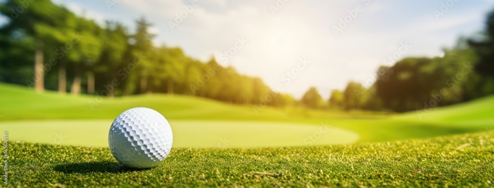 Green grass with golf ball close-up in soft focus at sunlight. Golf ...
