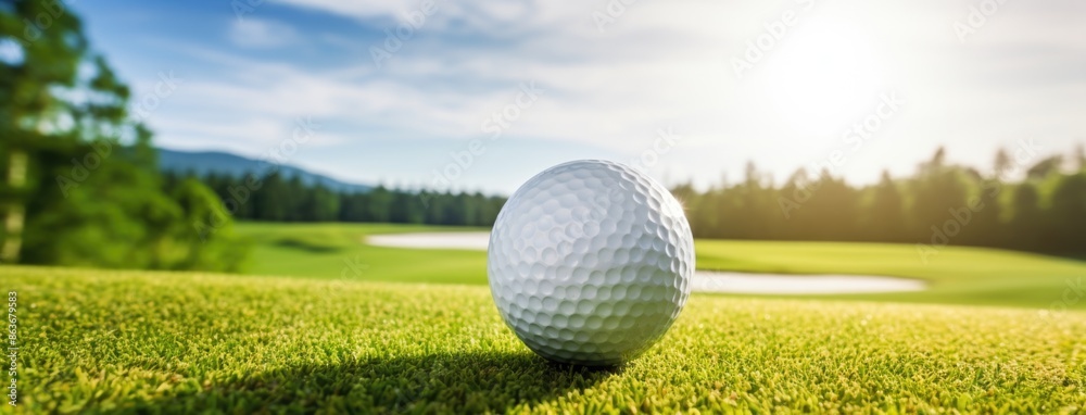Green grass with golf ball close-up in soft focus at sunlight. Golf ...
