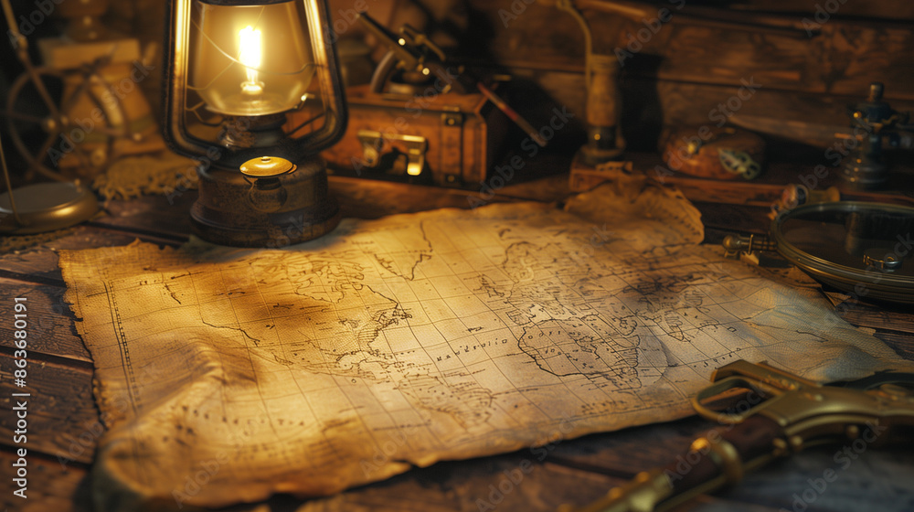 A historical map of a pirate treasure hunt, tattered parchment, old ...