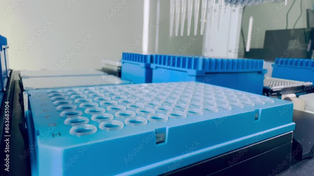 laboratory automated liquid handling system, robotic arm with multiple pipette tips above a tray ...