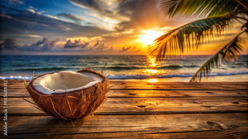 Open coconut shell on worn wood table top against softly focused ...