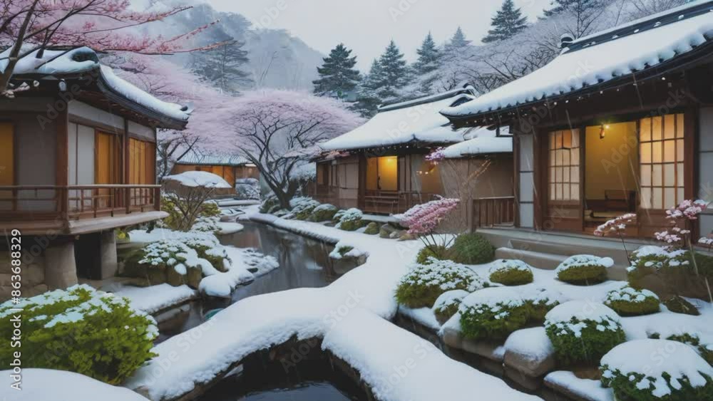 traditional Japanese house building with a clear river and cherry ...