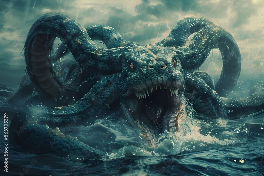 An imaginary sea monster living in a fantasy world, with black skin, a ...