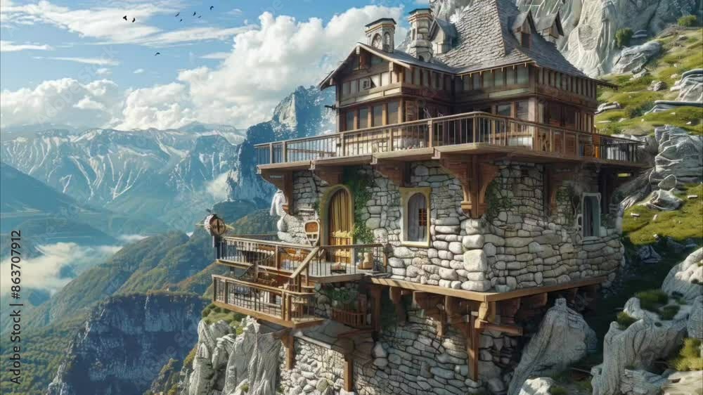 Cliffside house with wooden balconies and stone walls overlooking ...