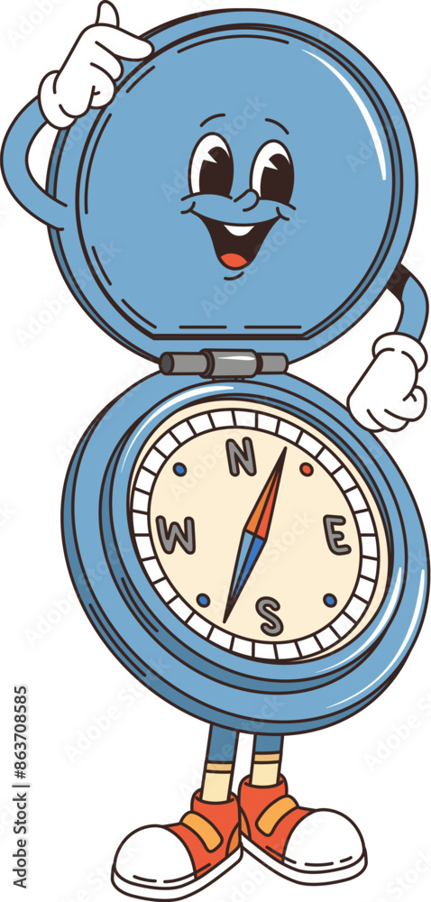 Cartoon compass retro groovy travel character. Isolated vector ...