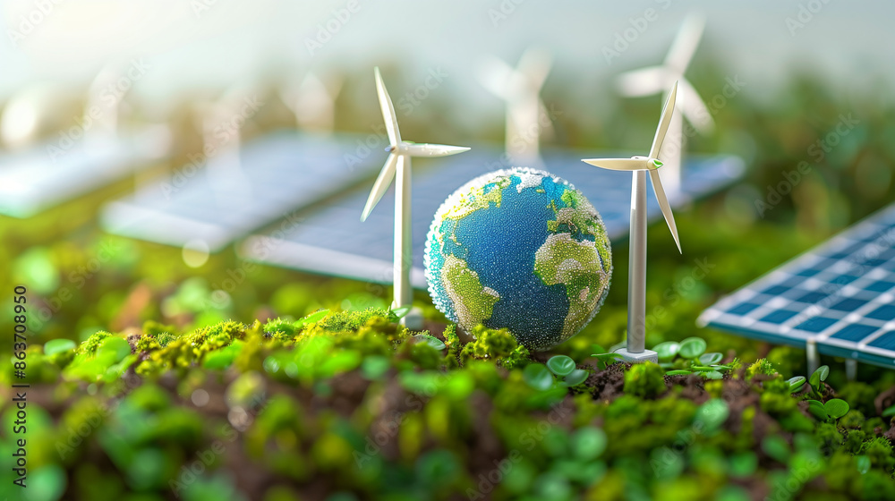 Miniature Earth with Renewable Energy Sources. This vibrant ...